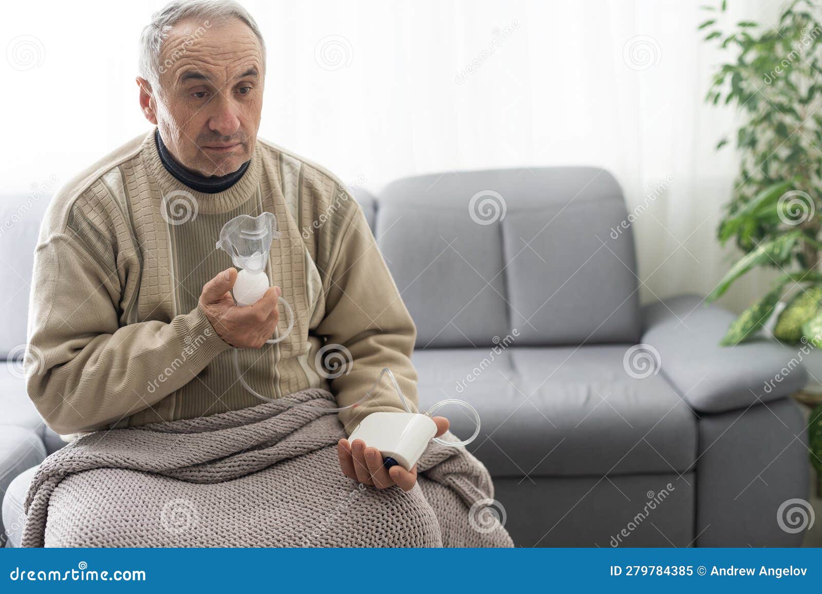 Sick Elderly Man Makes Inhalation. Stock Image - Image of sick, adult ...