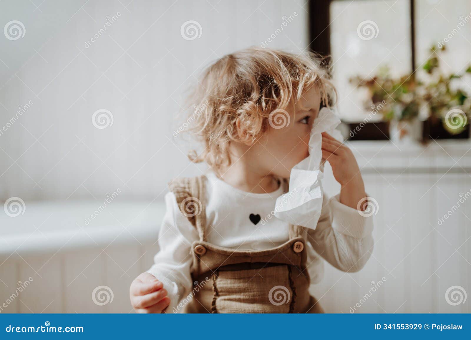 Sick Girl with Cold at Home, Blowing Her Nose. Stock Image - Image of ...