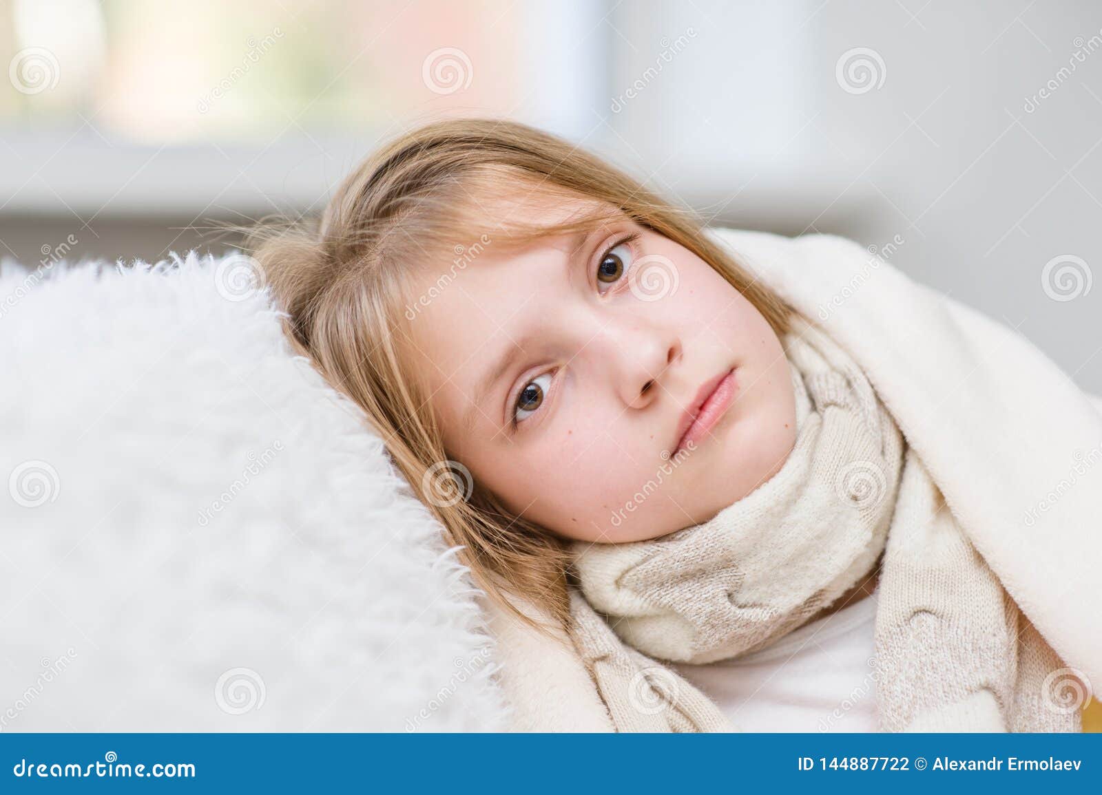 Sick Girl with Scarf Looking at Camera Stock Photo - Image of home ...