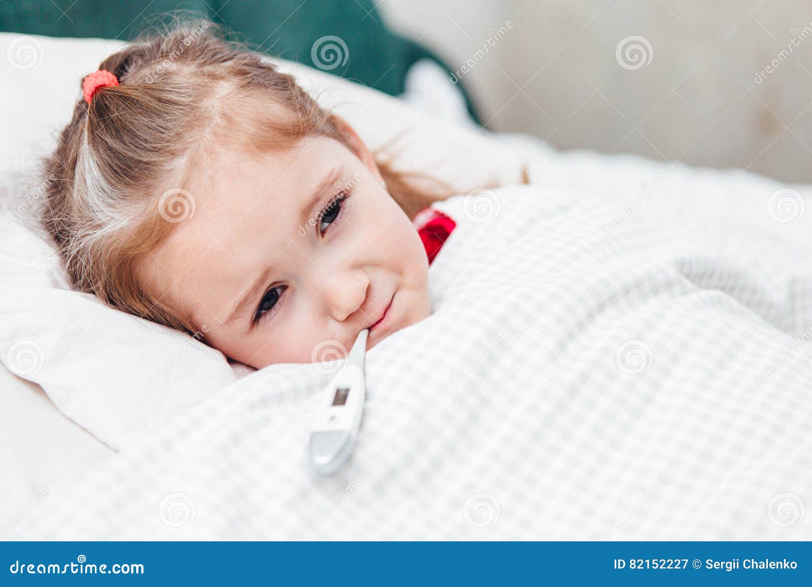 Sick Girl with a Thermometer in Mouth. Grumpy Face Stock Image - Image ...
