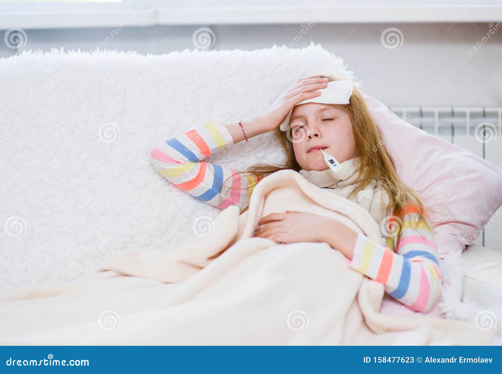Sick Girl With Thermometer In Mouth Lying On Bed Stock Image Image Of Migraine Disease 158477623