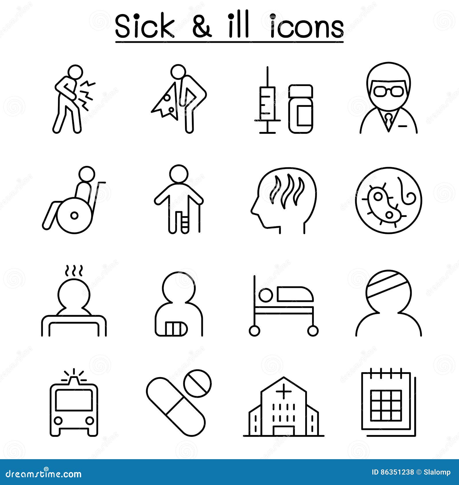 Sick & Ill Icon Set in Thin Line Style Stock Vector - Illustration of ...