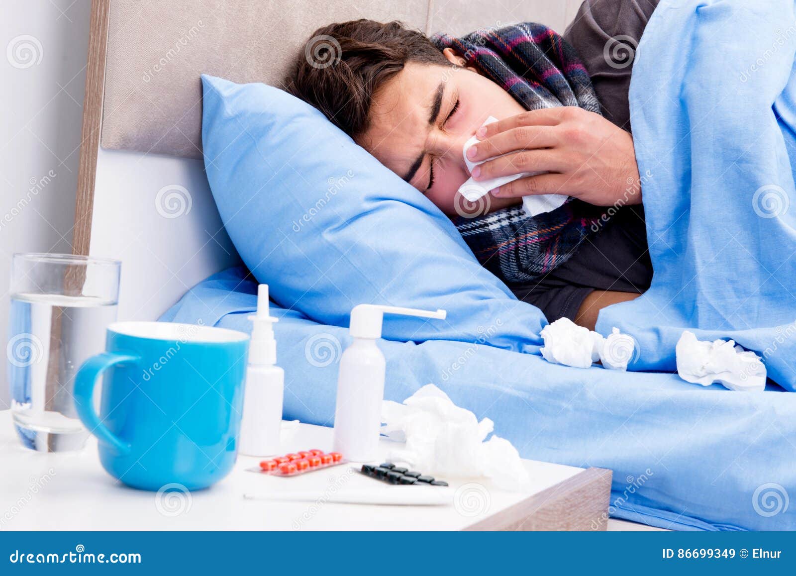 The Sick Ill Man in the Bed Taking Medicines and Drugs Stock Image ...