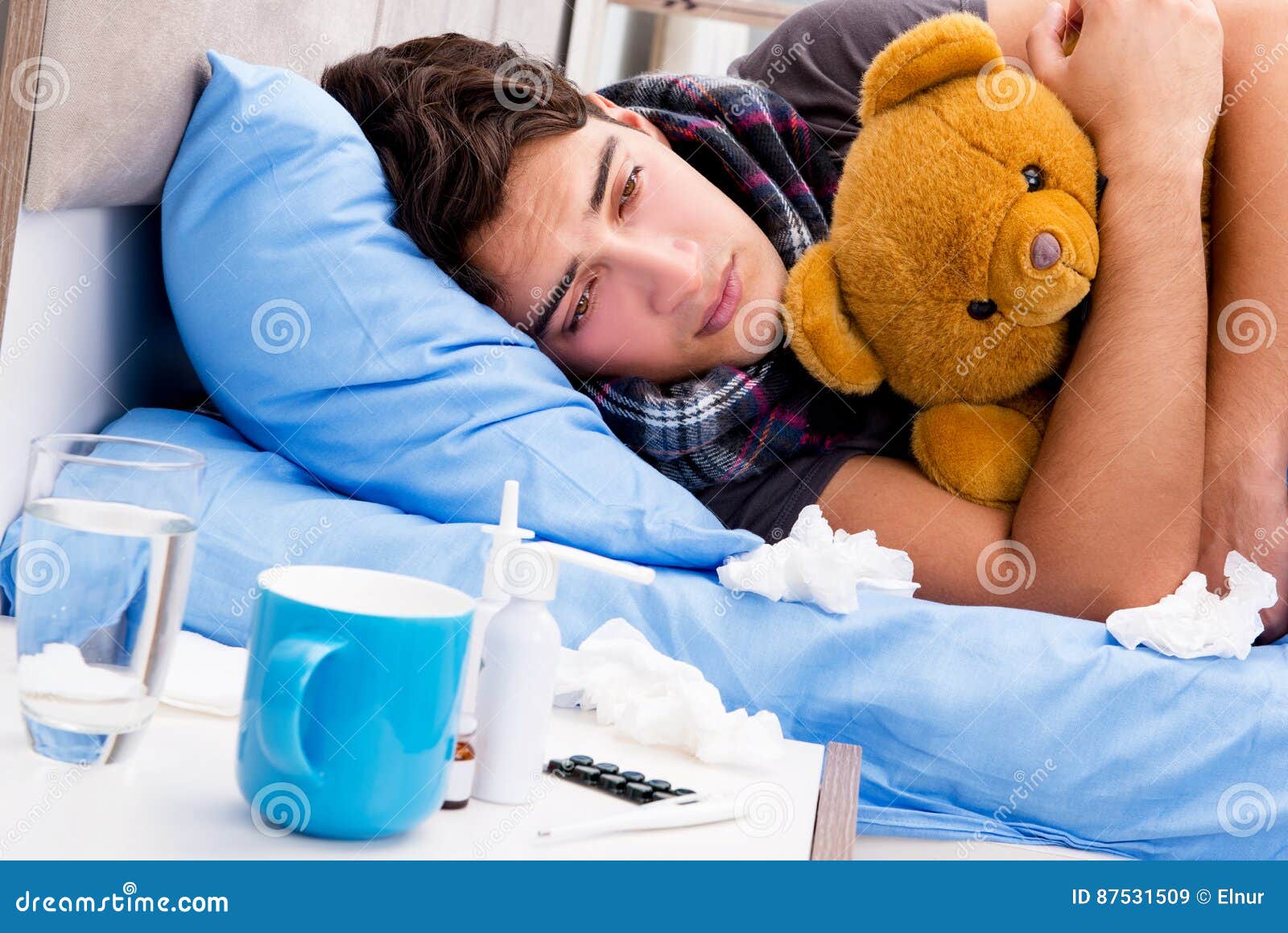 The Sick Ill Man in the Bed Taking Medicines and Drugs Stock Image ...
