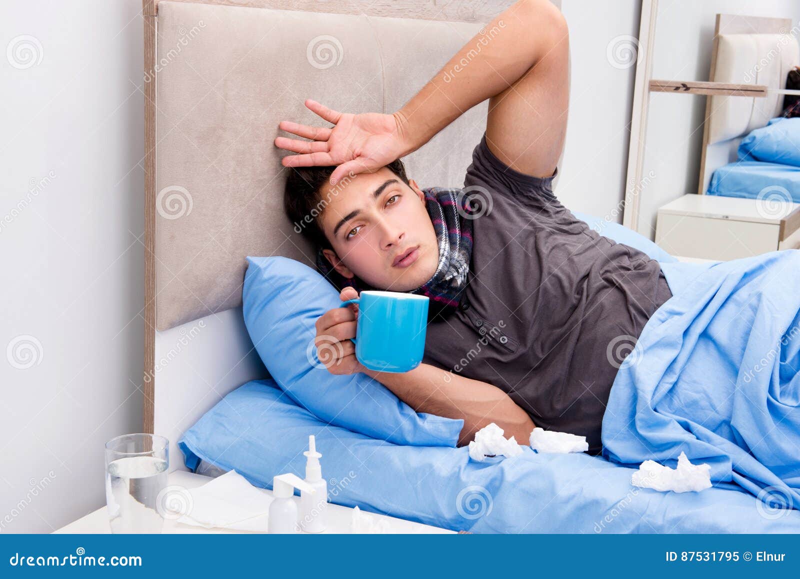 The Sick Ill Man in the Bed Taking Medicines and Drugs Stock Image ...