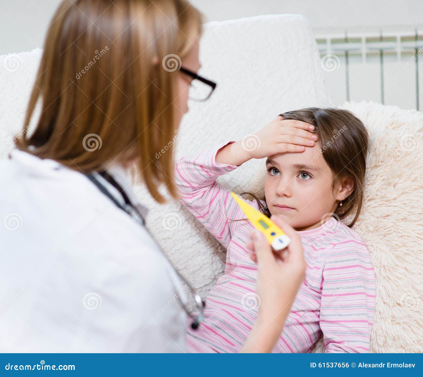 Sick Kid with High Fever Laying in Bed and Doctor Taking Temperature ...