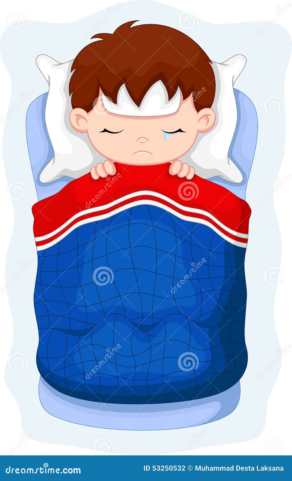 Sick kid lying in bed stock illustration. Illustration of lying - 53250532