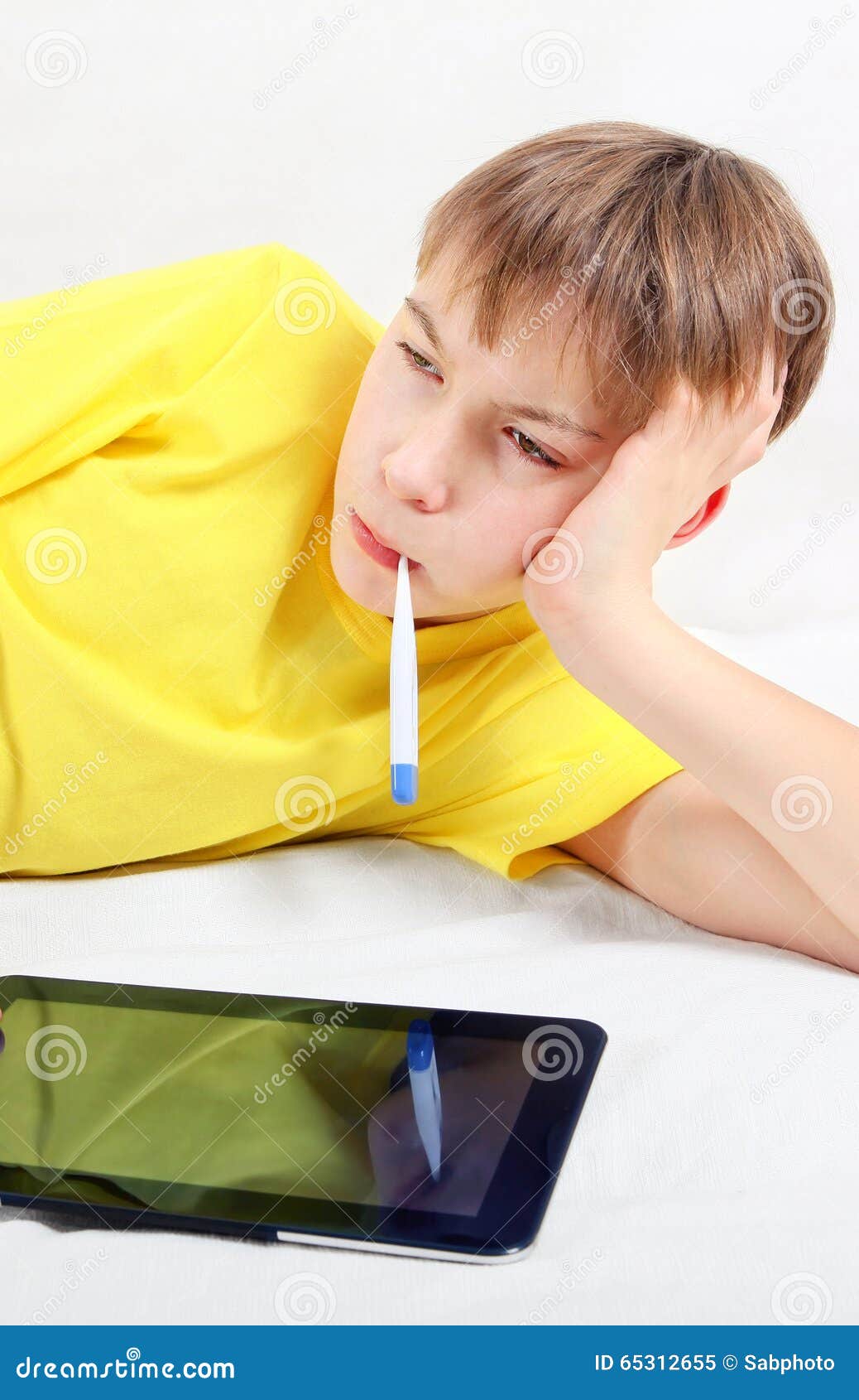 Sick Kid with Thermometer stock image. Image of gadget - 65312655