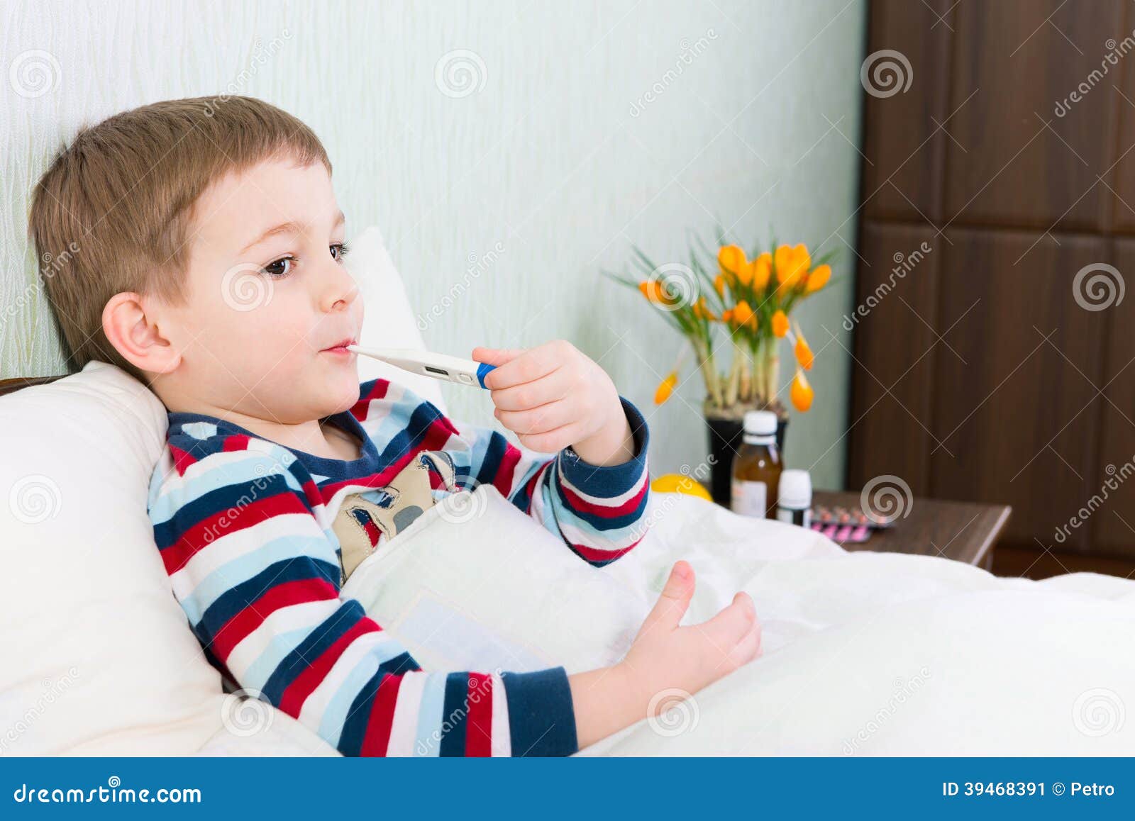 Sick Little Boy Lying in Bed with Thermometer Stock Image - Image of ...