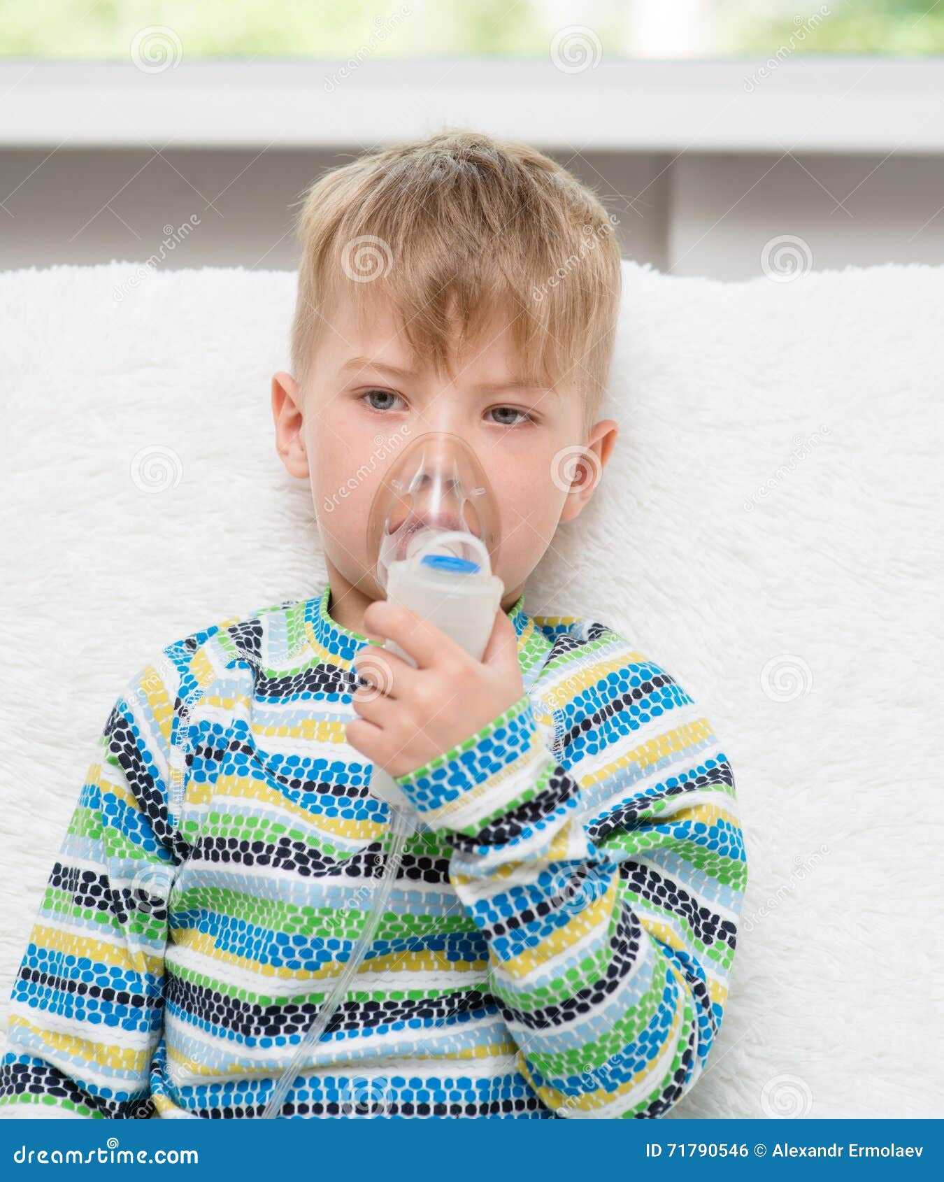 Sick Boy Inhalation Therapy By The Mask Of Inhaler. Baby Has Asthma And ...