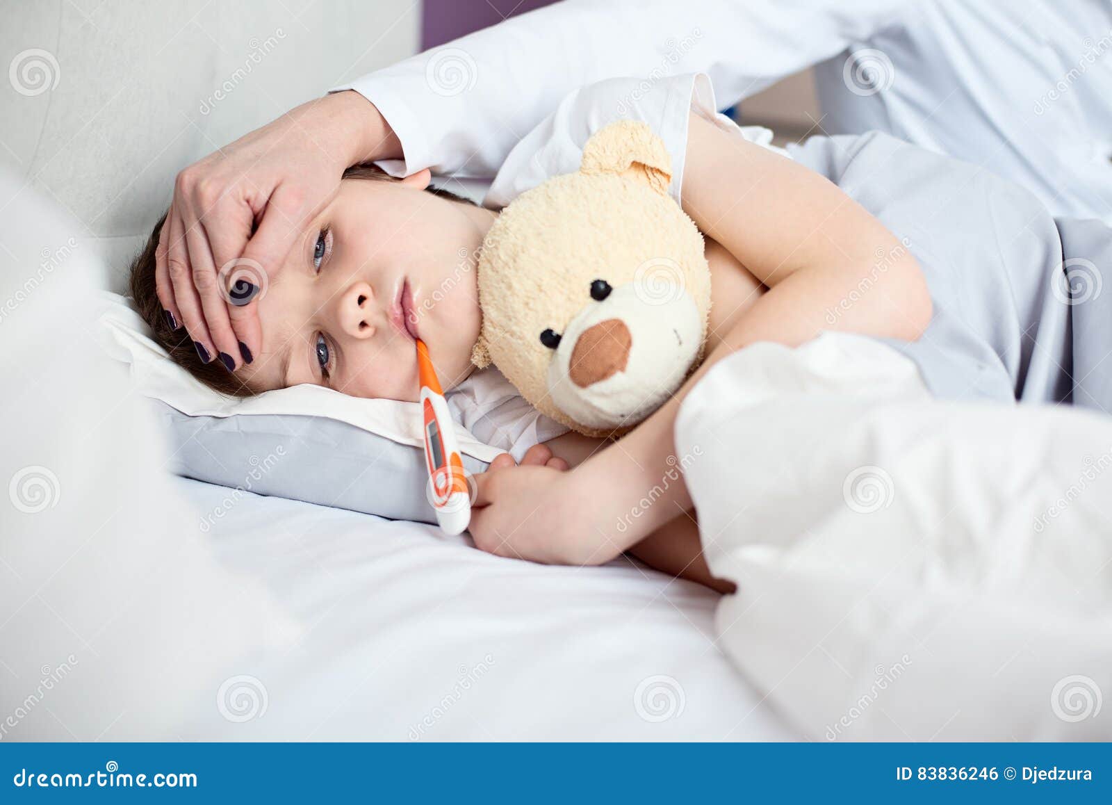 Sick Little Child with Temperature in Bed. Stock Photo - Image of sleep ...