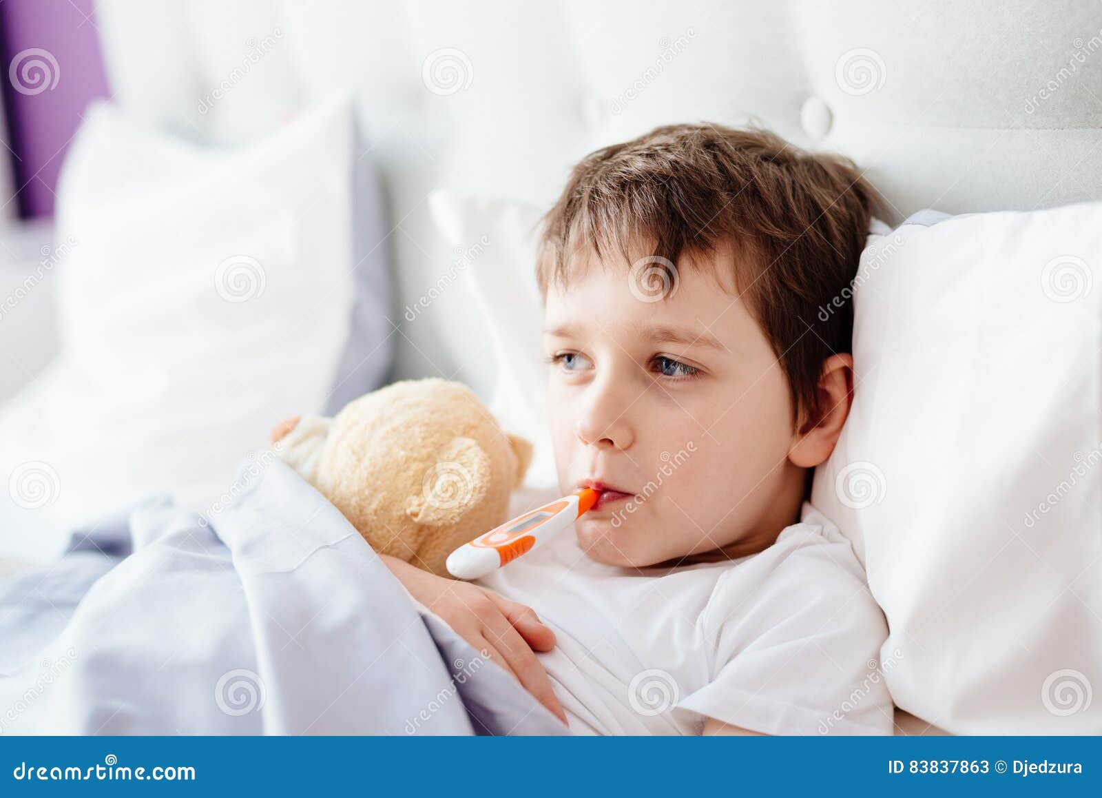 Sick Little Child with Temperature in Bed. Stock Image - Image of ...