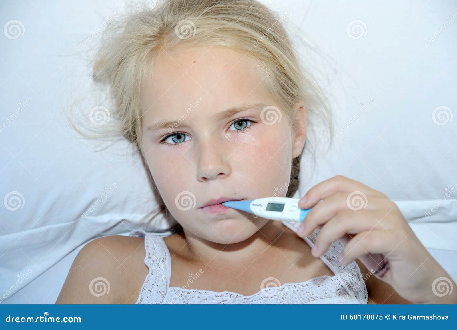 Sick Little Girl Holding Thermometer Lying in Bed Stock Image - Image ...
