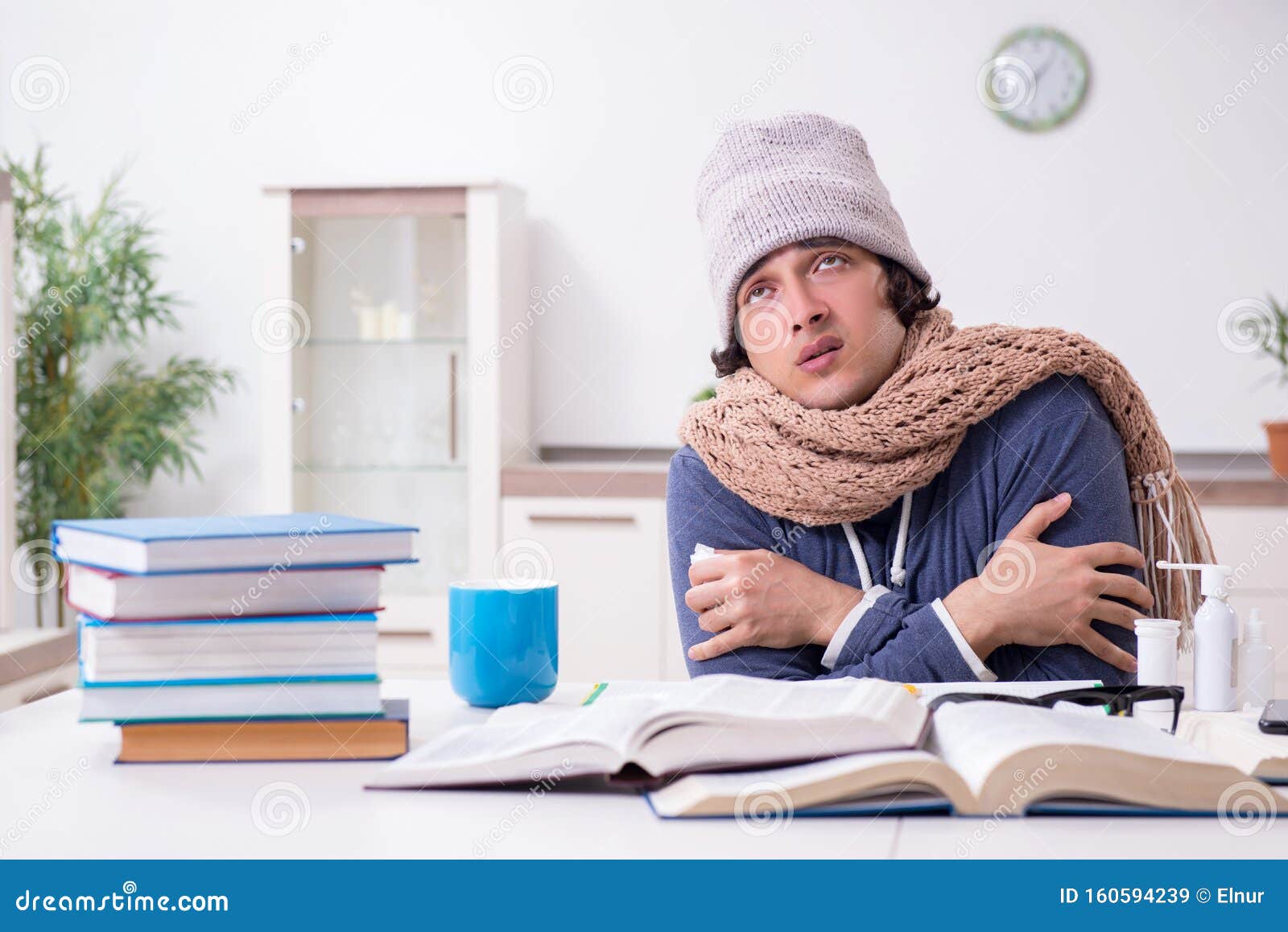 Sick Male Student Suffering at Home Stock Image - Image of leave ...