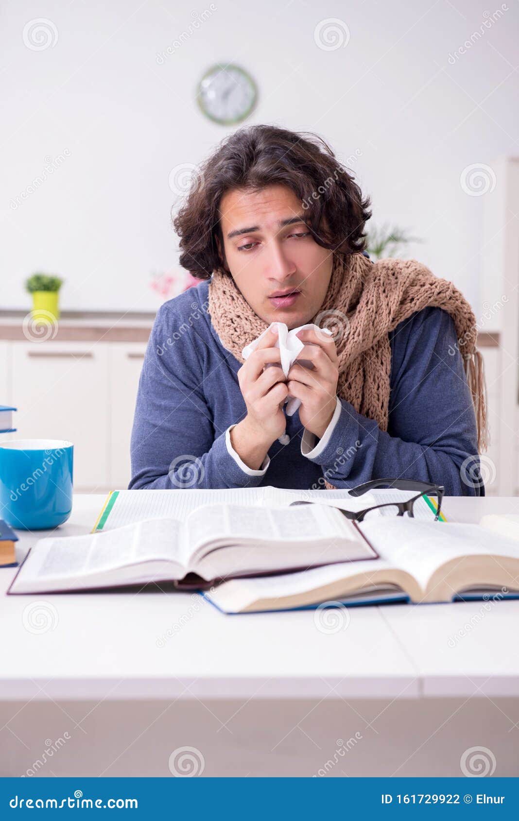 Sick Male Student Suffering at Home Stock Photo - Image of books, cold ...