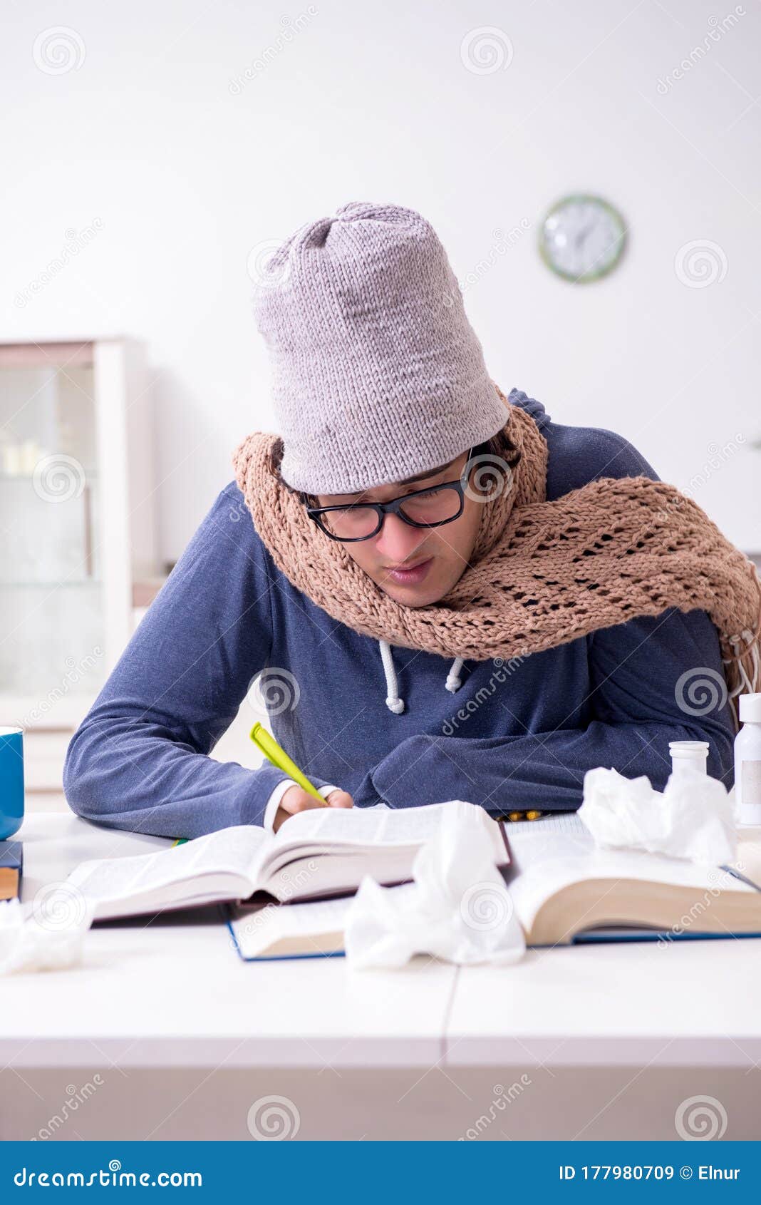 Sick Male Student Suffering at Home Stock Image - Image of learning ...