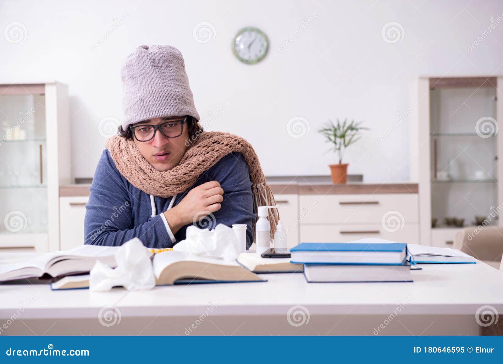 Sick Male Student Suffering at Home Stock Image - Image of preparation ...