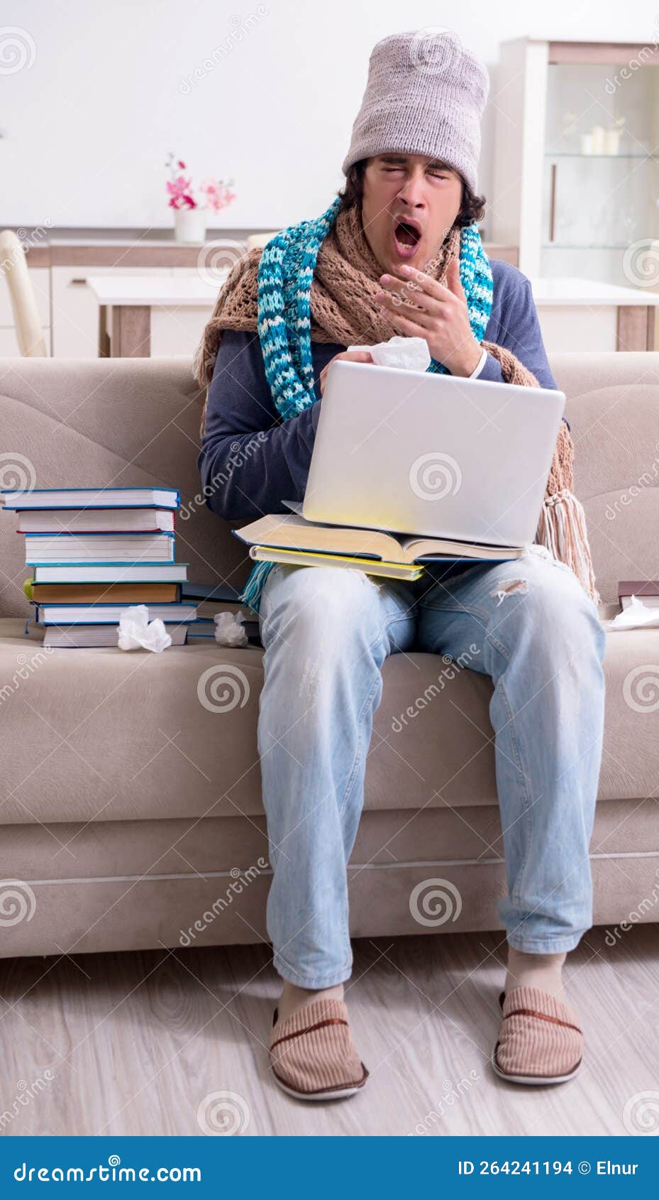 Sick Male Student Suffering at Home Stock Photo - Image of learning ...