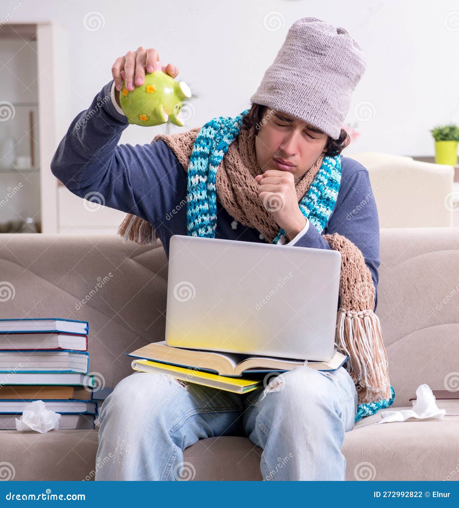 Sick Male Student Suffering at Home Stock Photo - Image of money ...