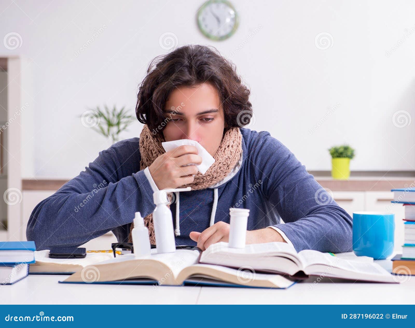 Sick Male Student Suffering at Home Stock Photo - Image of blowing ...