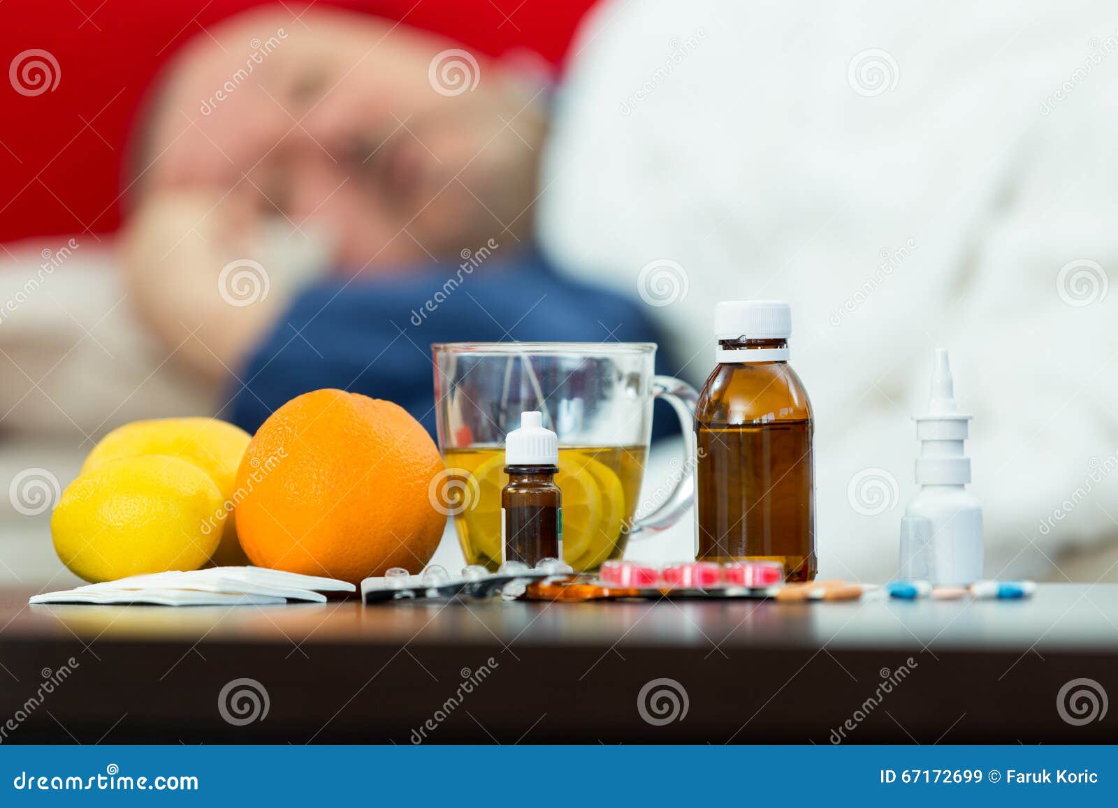 Sick Man In Bed With Drugs And Fruit On Table Stock Photography ...