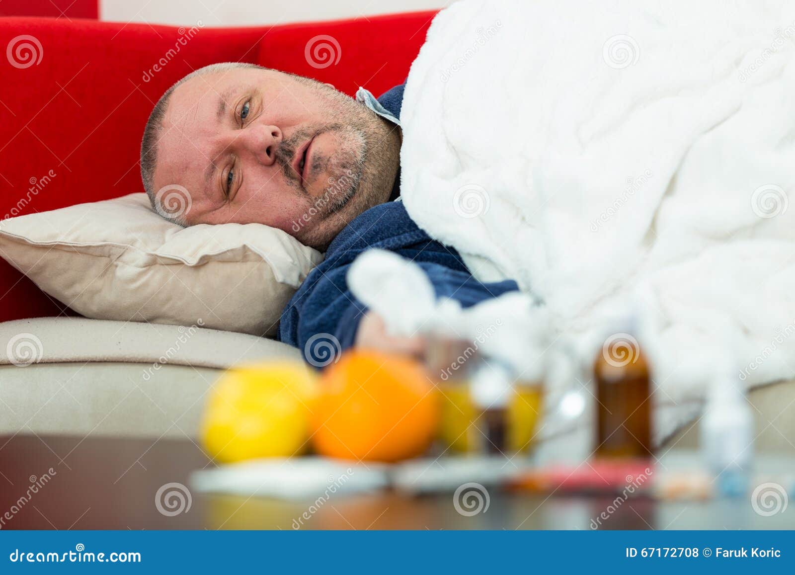 Sick Man In Bed With Drugs And Fruit On Table Stock Photography ...