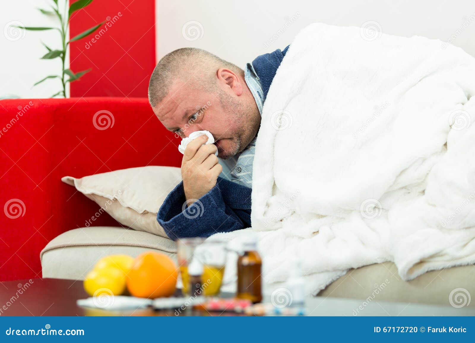 Sick Man In Bed With Drugs And Fruit On Table Stock Photography ...