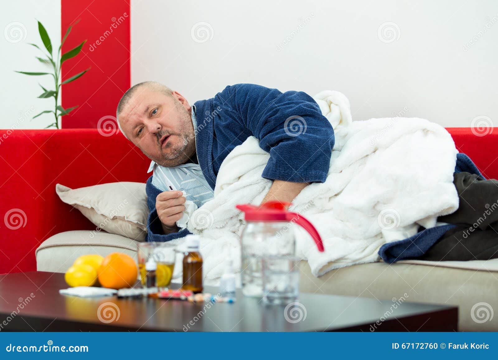 Sick Man In Bed With Drugs And Fruit On Table Stock Photography ...