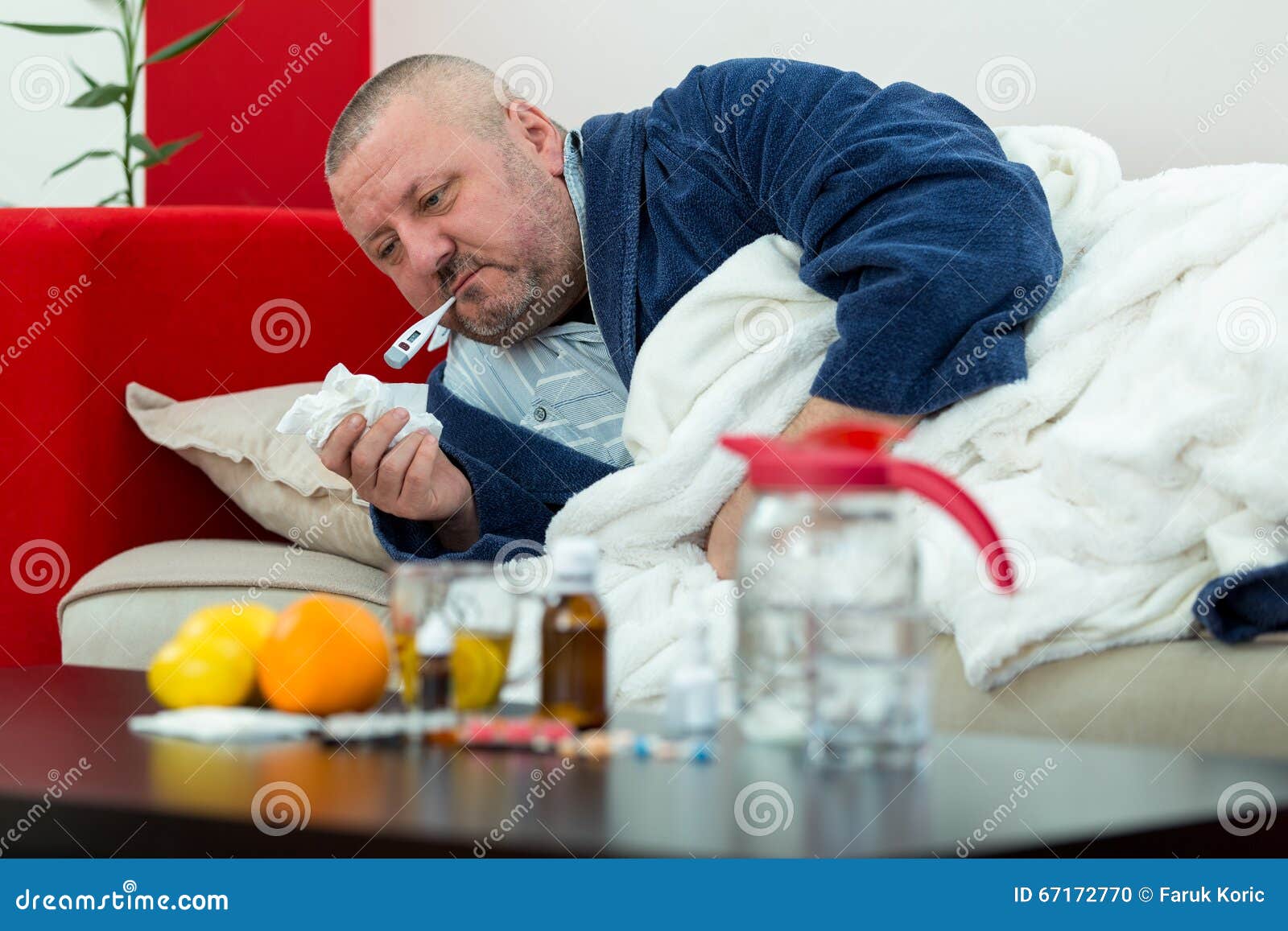 Sick Man In Bed With Drugs And Fruit On Table Stock Photography ...