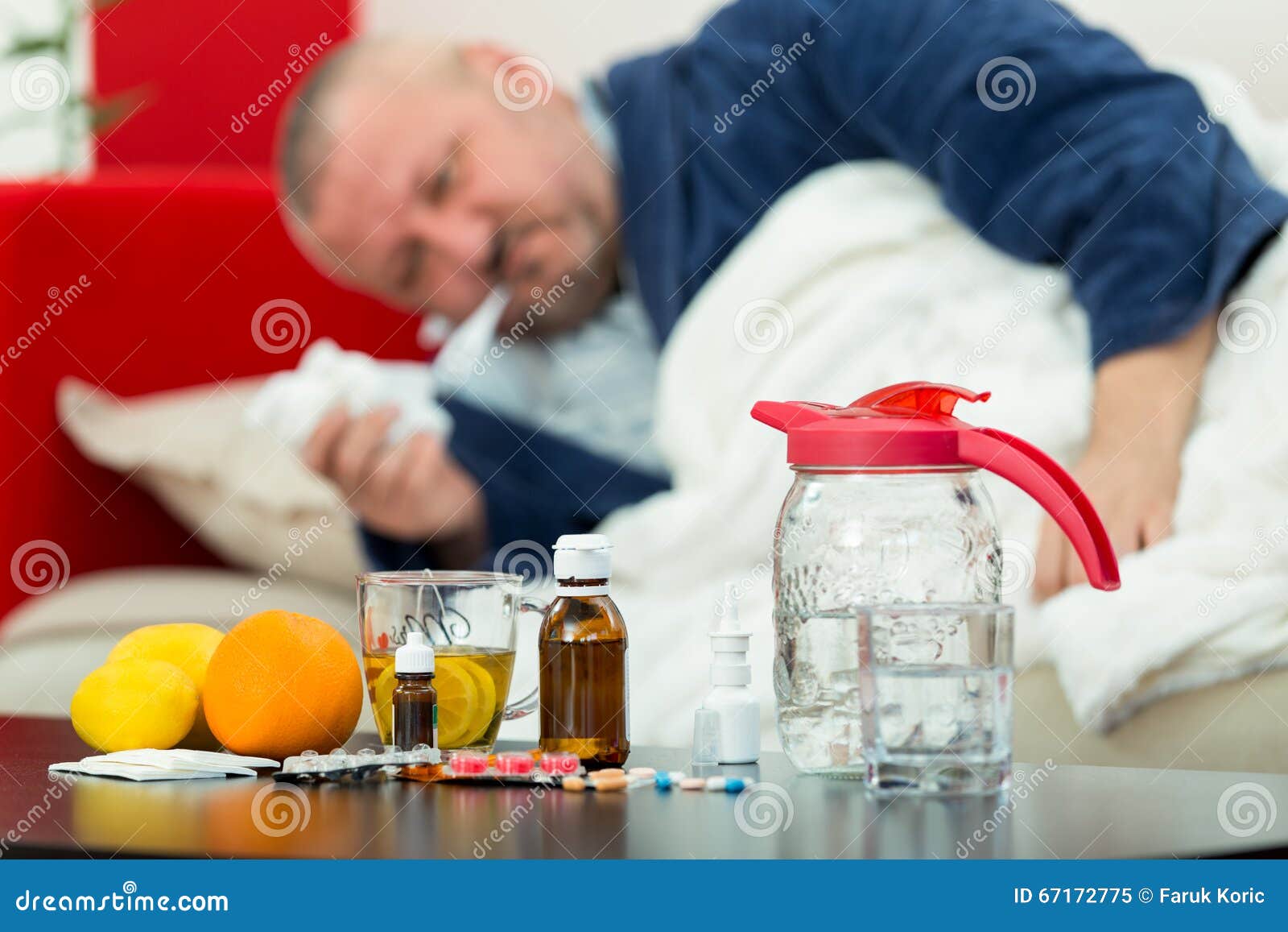 Sick Man In Bed With Drugs And Fruit On Table Stock Photography ...