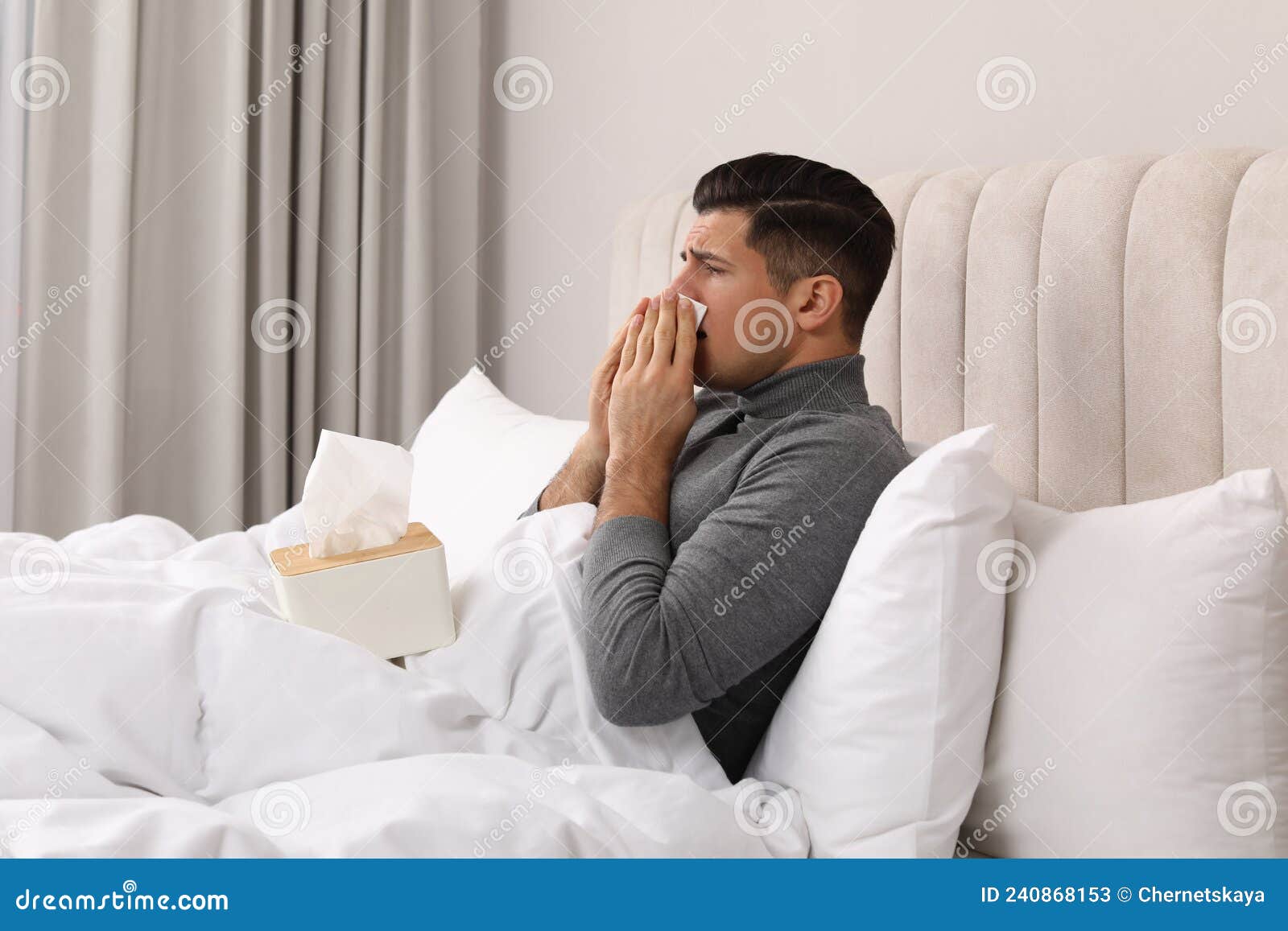 Sick Man with Box of Paper Tissues Suffering from Cold in Bed at Home ...