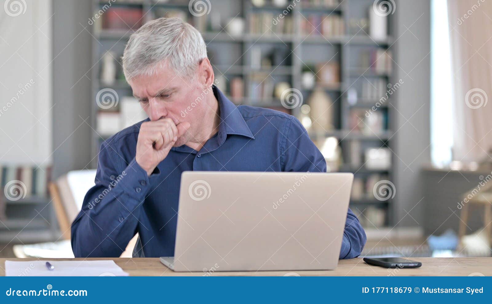 Sick Man Coughing while Working on Laptop in Office Stock Image - Image ...