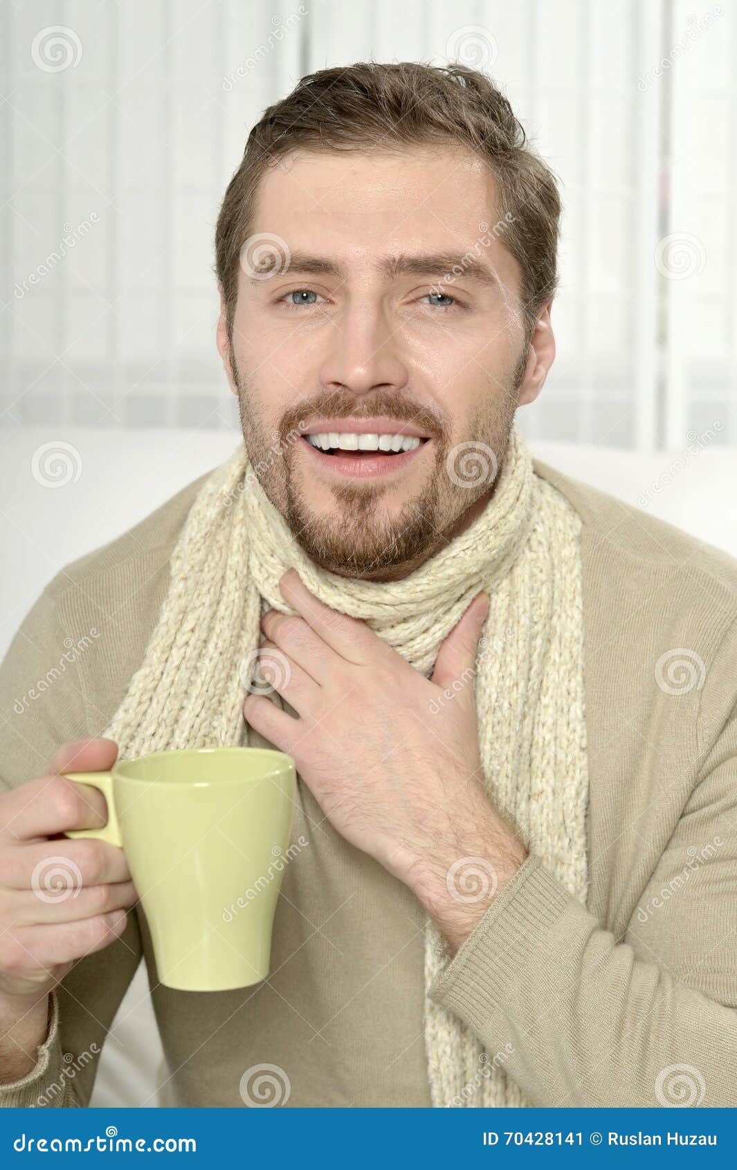 Sick man drinking warm tea stock image. Image of drink - 70428141