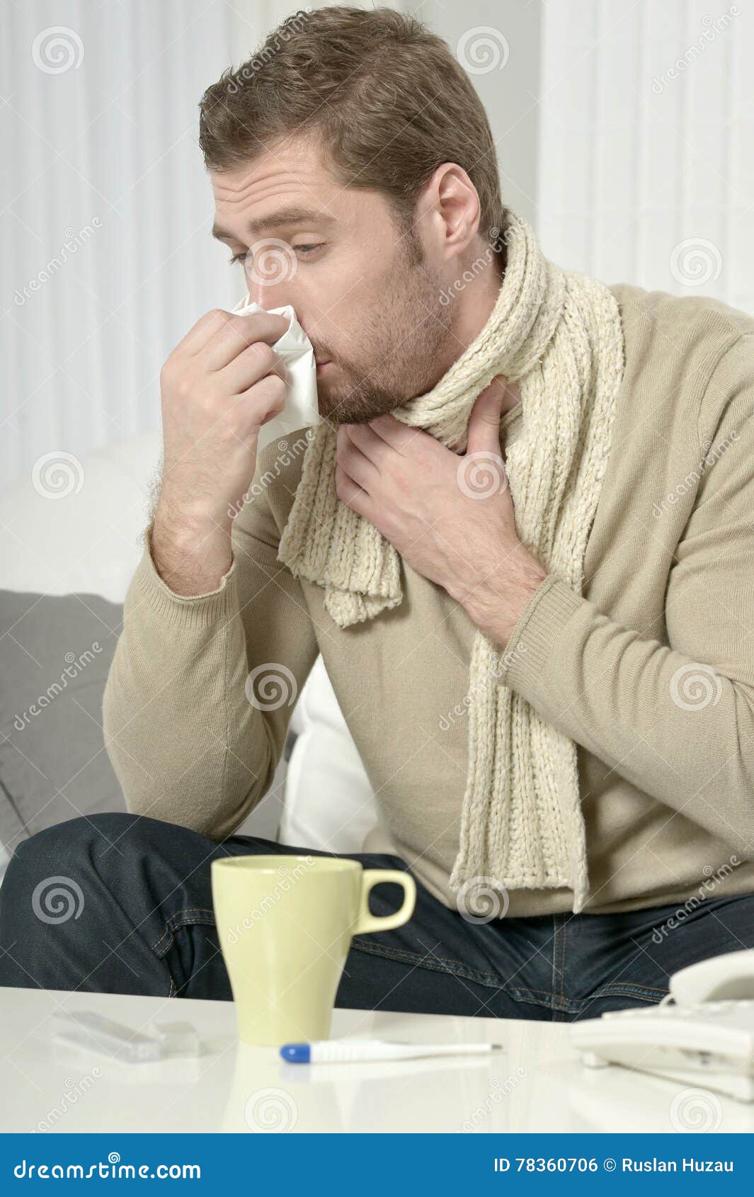Sick man drinking warm tea stock photo. Image of nose - 78360706