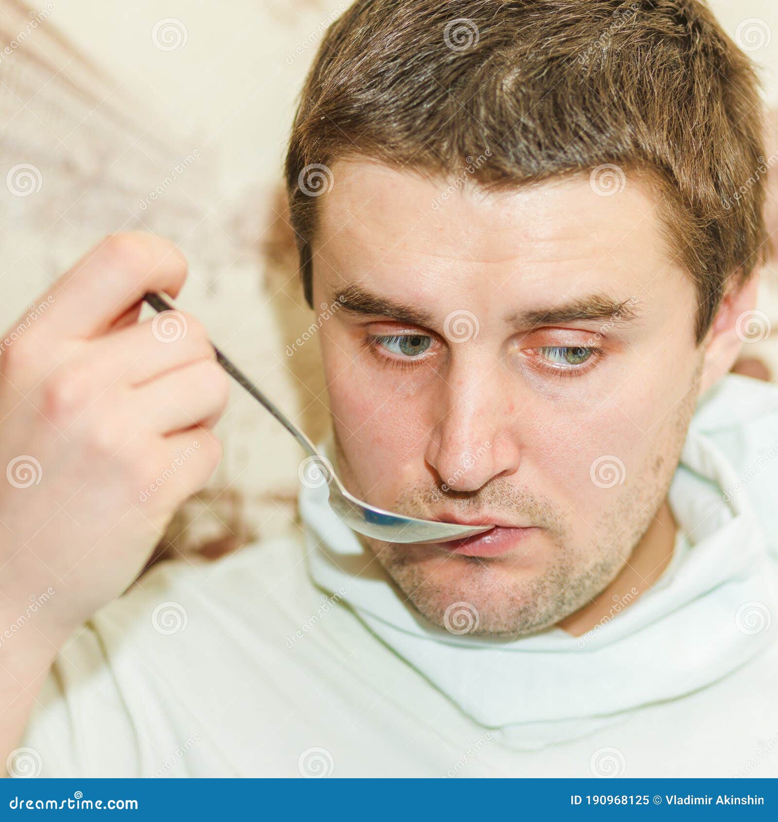 Sick Man Drinks Medicine from a Spoon Stock Image - Image of people ...