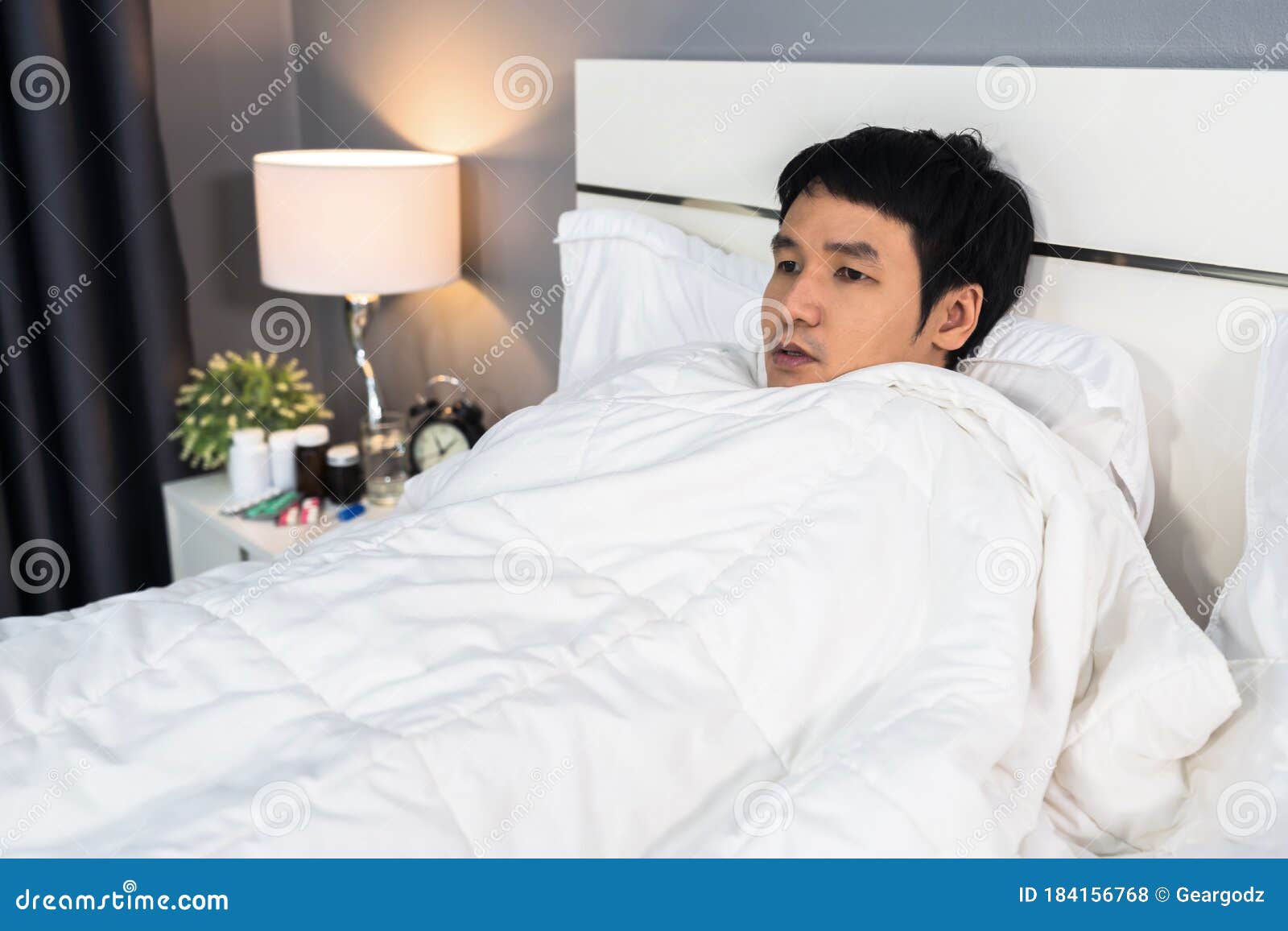 Sick Man Feeling Cold in Blanket on Bed at Home Stock Photo - Image of ...