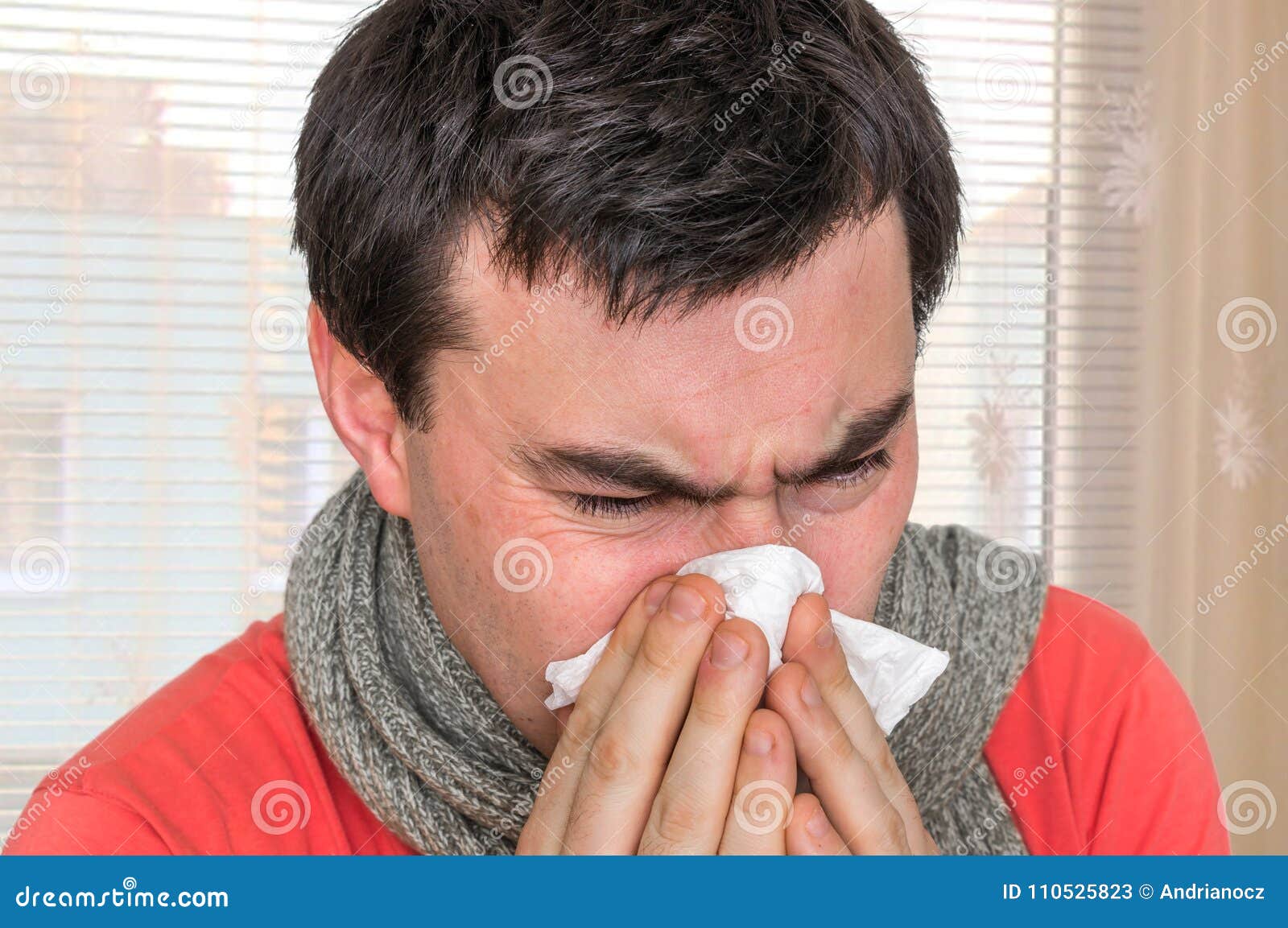 Sick Man with Flu or Cold Sneezing into Handkerchief Stock Image ...