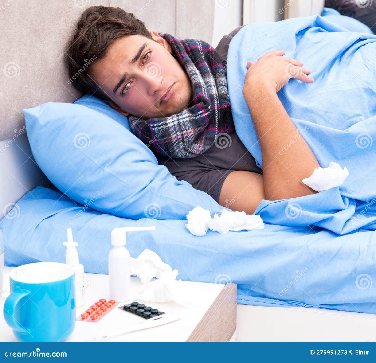 Sick Man with Flu Lying in the Bed Stock Image - Image of blanket ...