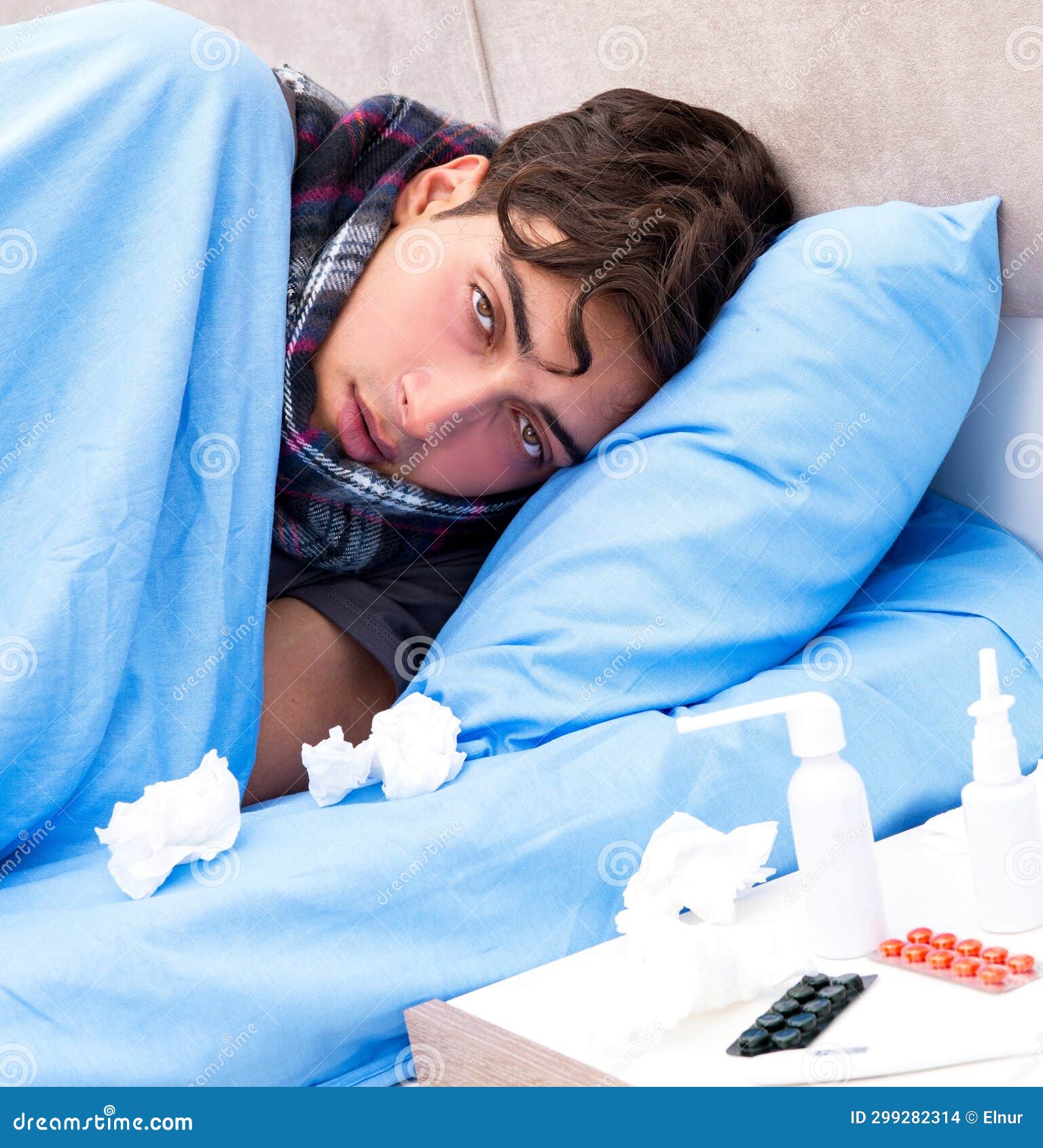 Sick Man with Flu Lying in the Bed Stock Photo - Image of patient ...