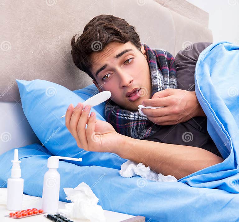Sick Man with Flu Lying in the Bed Stock Image - Image of lying, house ...