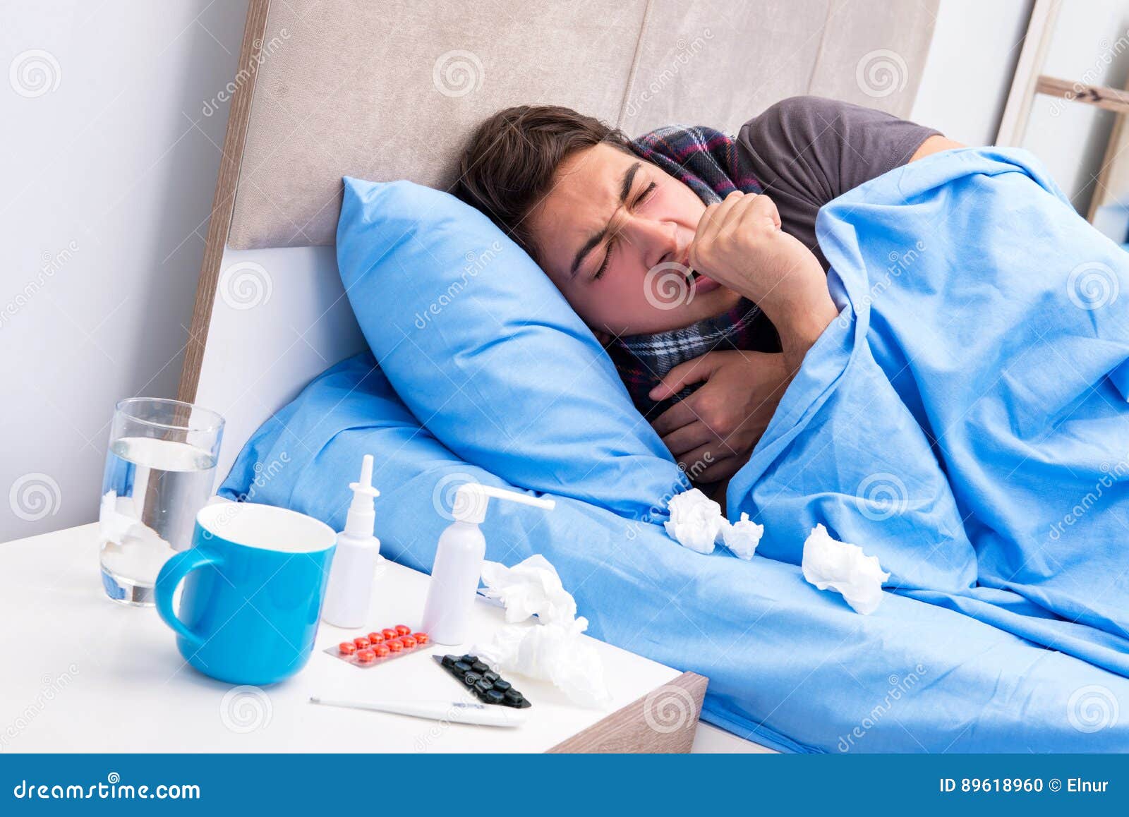 The Sick Man with Flu Lying in the Bed Stock Photo - Image of pain ...