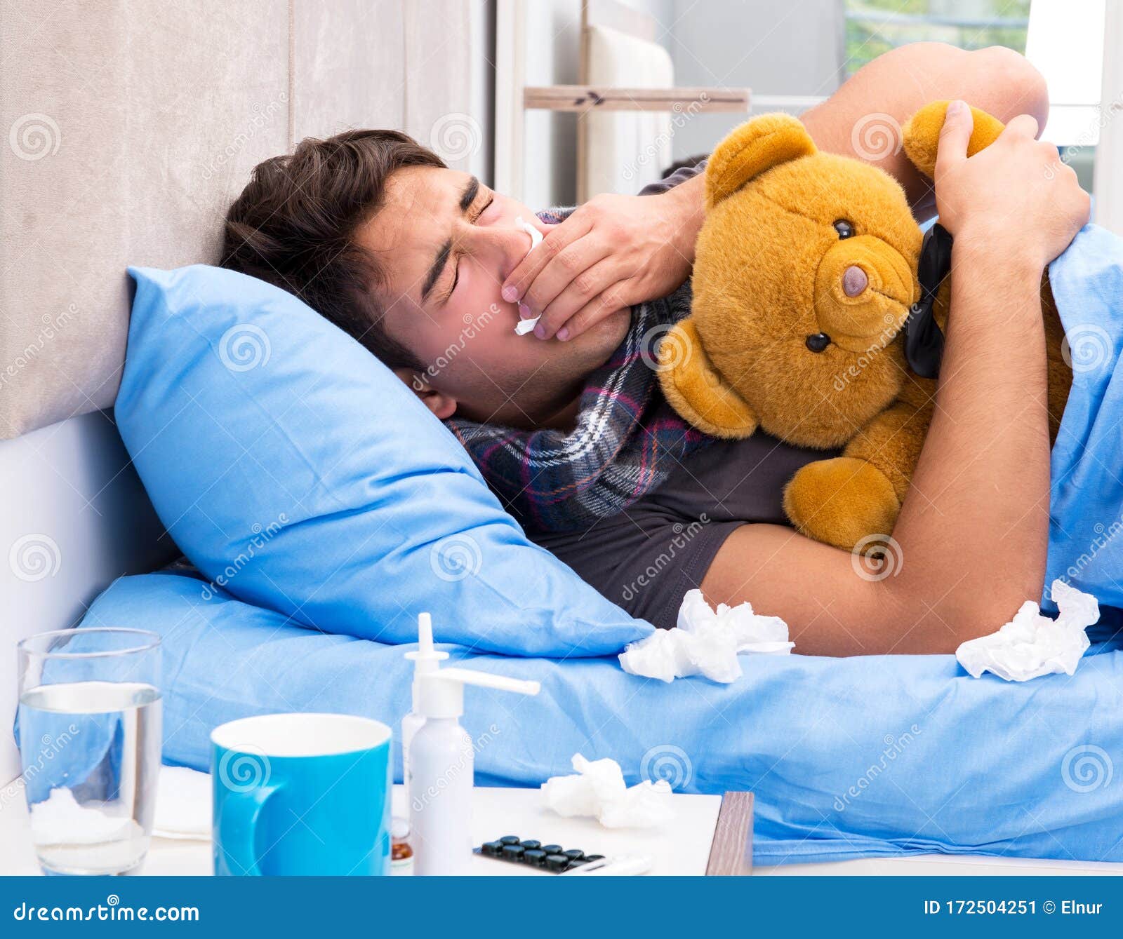 Sick Man with Flu Lying in the Bed Stock Image - Image of healthcare ...