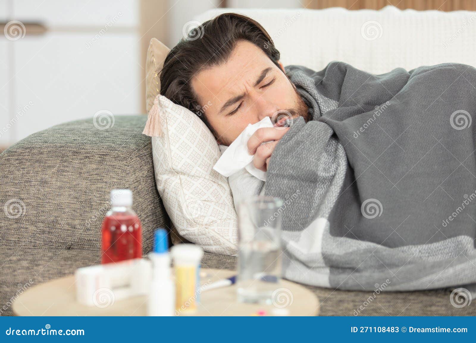 Sick Man with Flu Lying in Sofa at Home Stock Image - Image of sofa ...