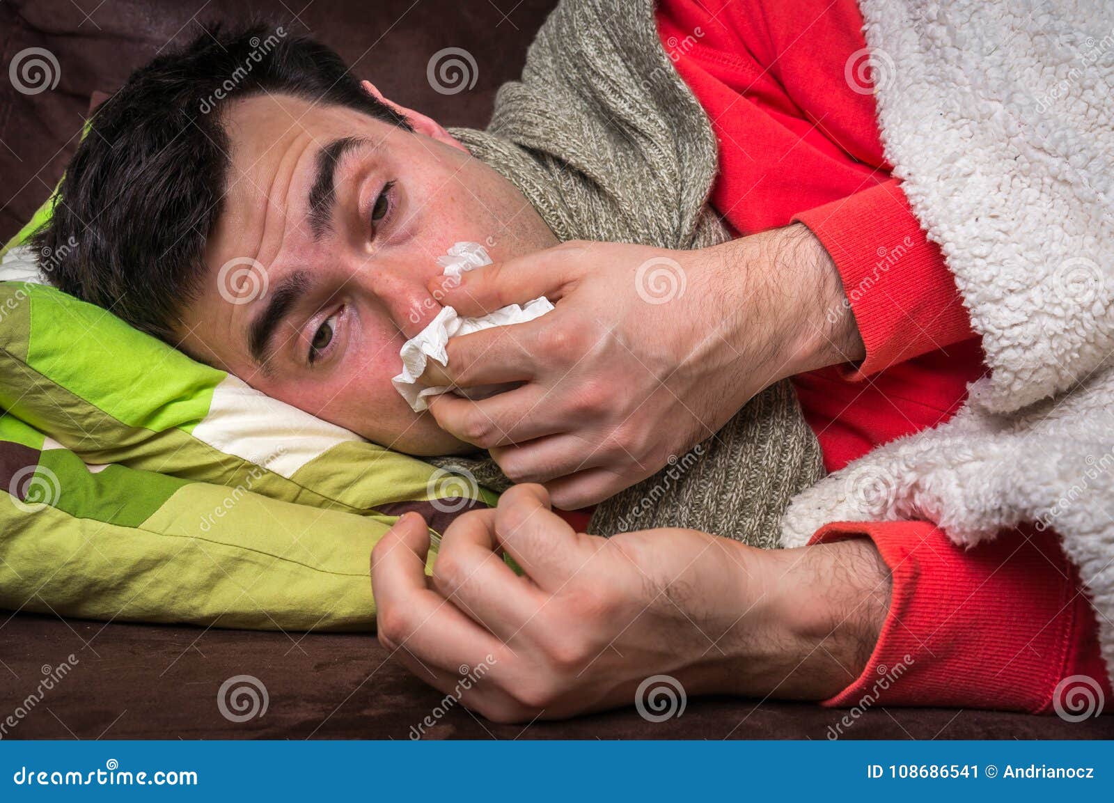 Sick Man Having Flu and Blowing Her Runny Nose Stock Image - Image of ...