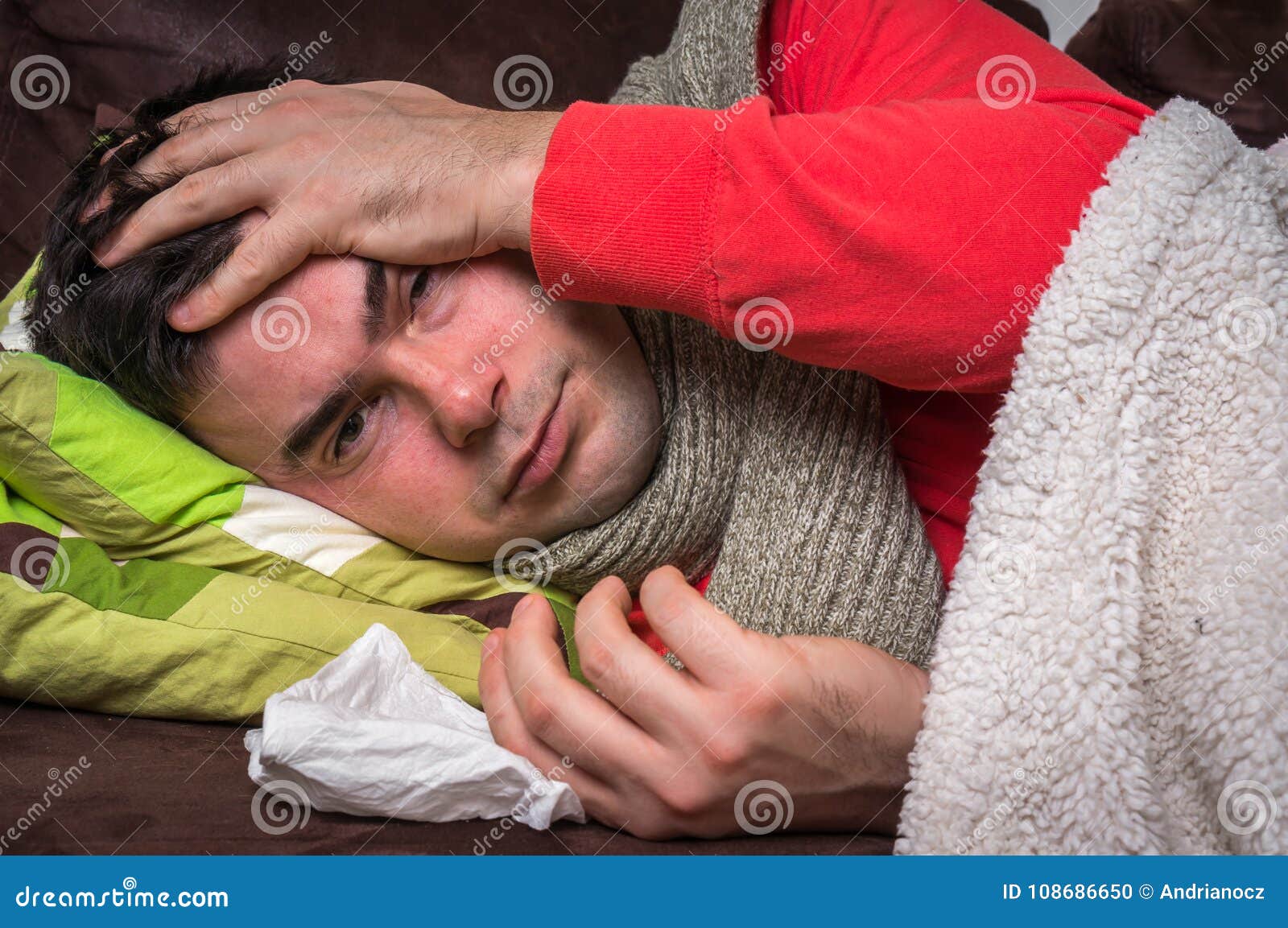 Sick Man Having Flu and Headache Stock Photo - Image of disease, cough ...