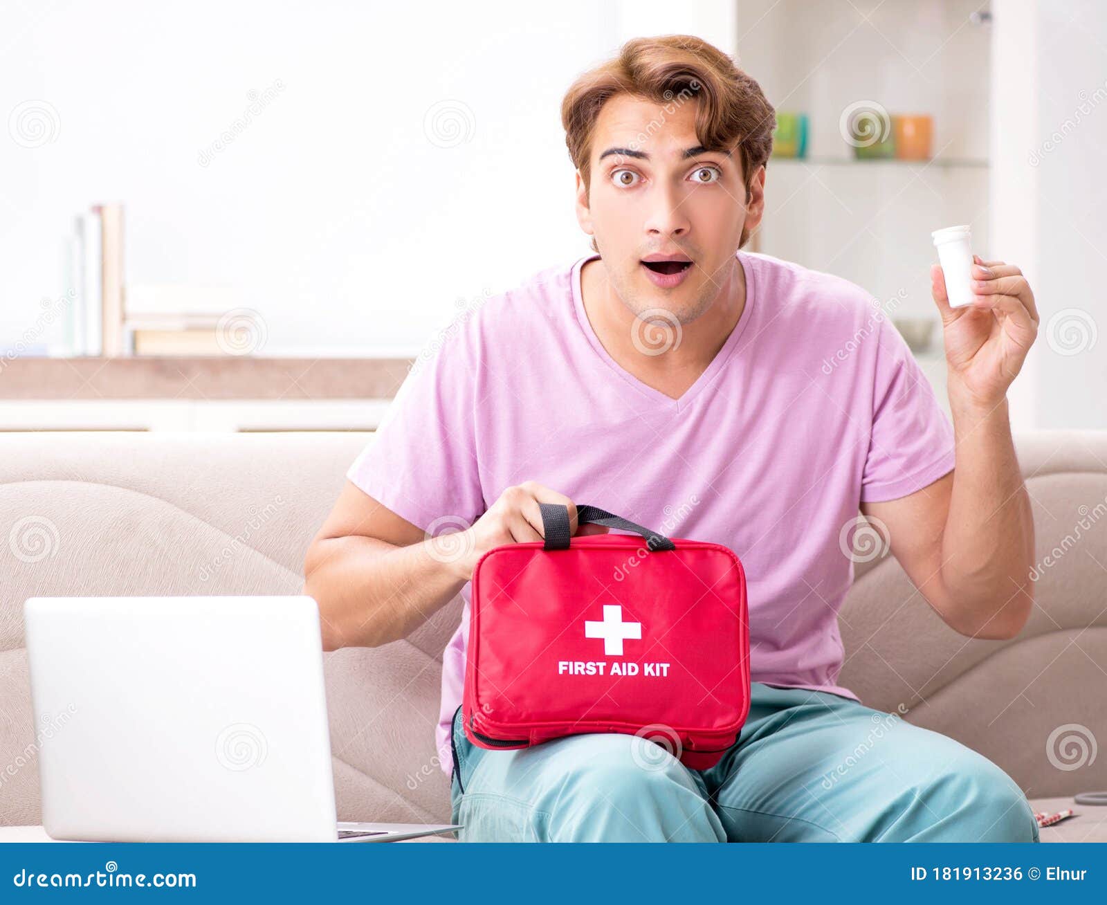 Sick Man at Home with First Aid Kit Stock Photo - Image of equipment, drug: 181913236