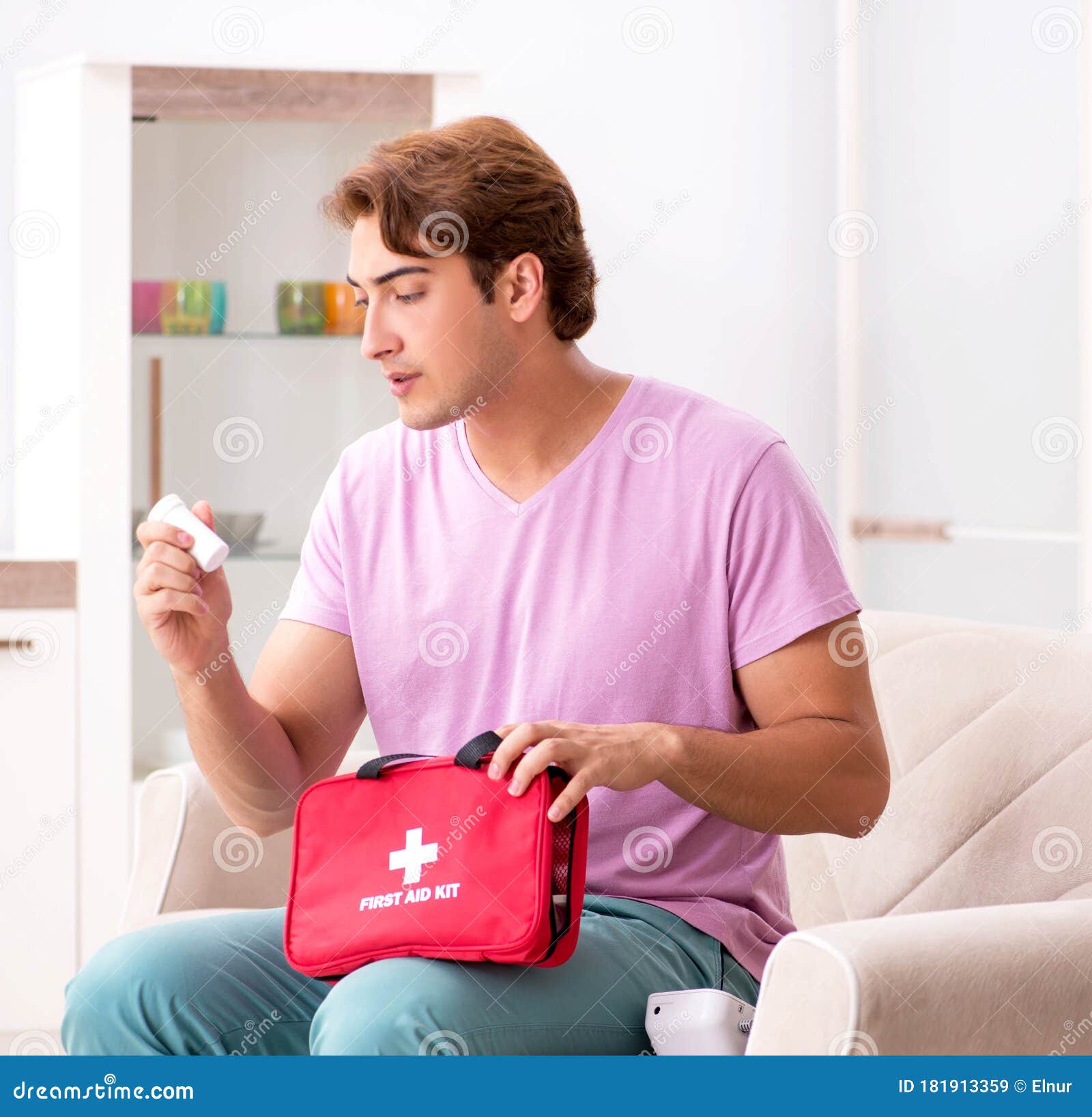 Sick Man at Home with First Aid Kit Stock Image - Image of emergency ...