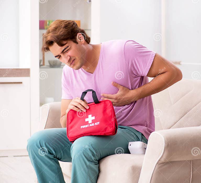Sick Man at Home with First Aid Kit Stock Image - Image of chest ...