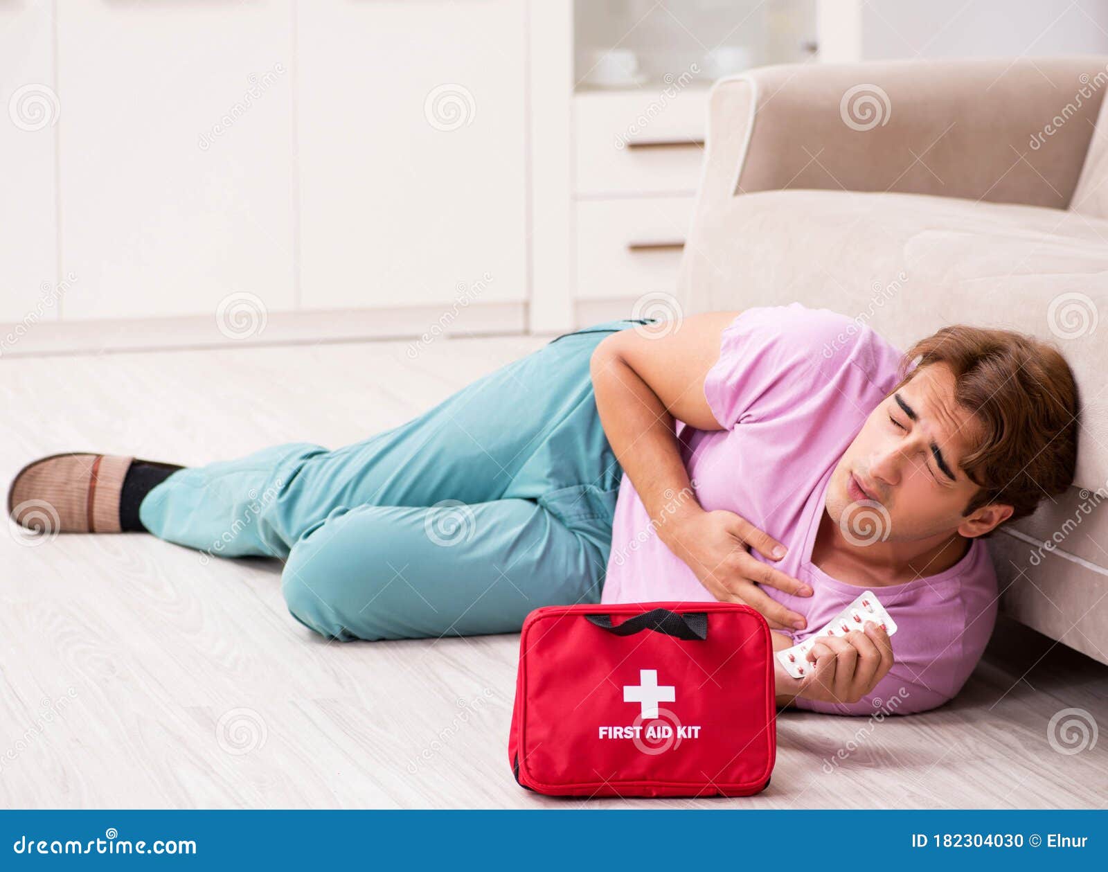 Sick Man at Home with First Aid Kit Stock Photo - Image of home ...