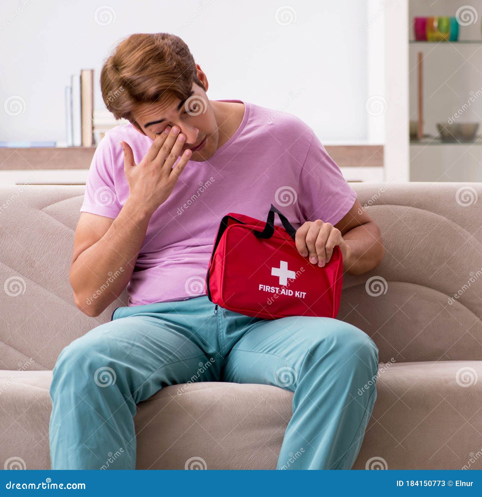Sick Man at Home with First Aid Kit Stock Image - Image of prescription ...